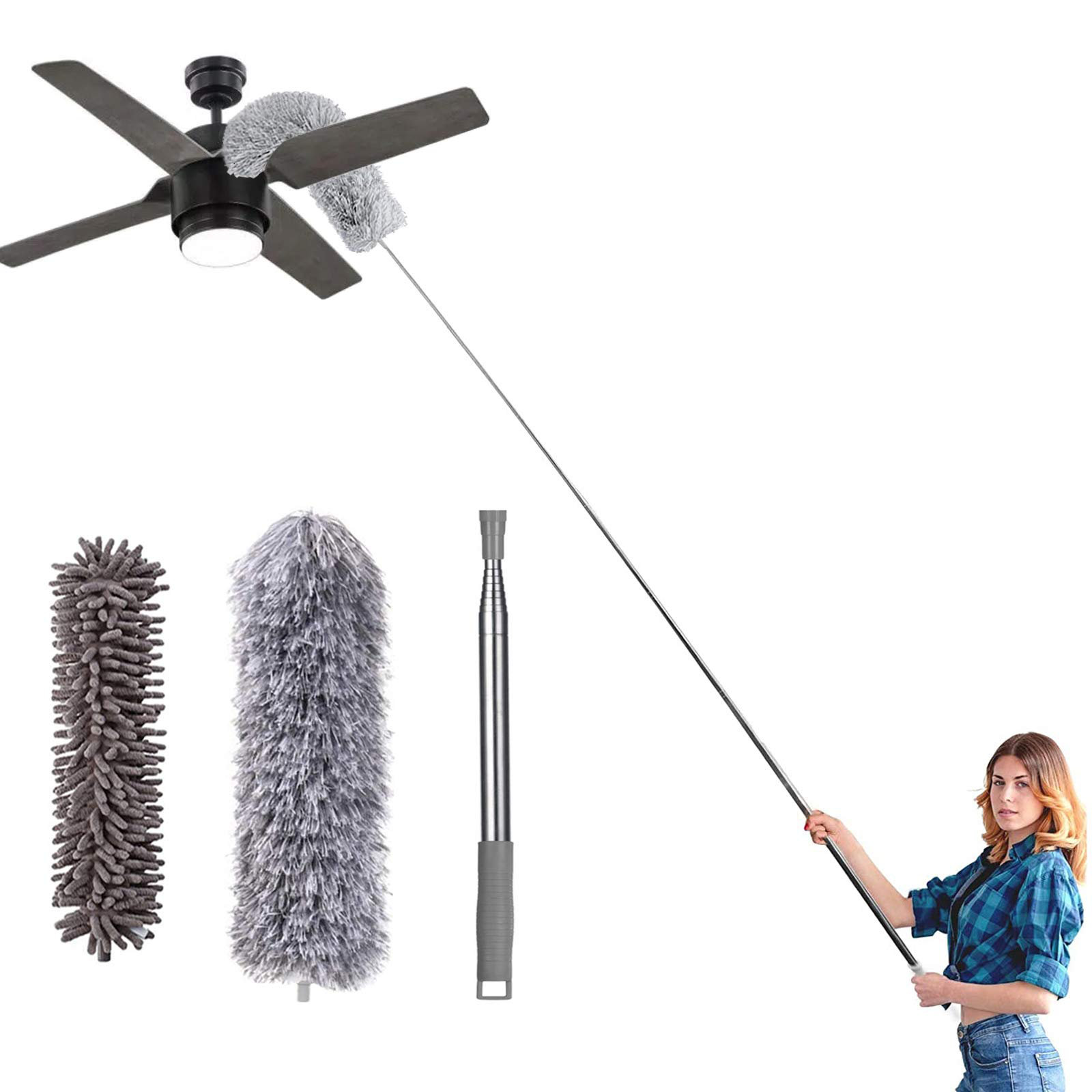 FEIYAN Duster For Cleaning, 100" Extension Pole Telescoping Duster, Bendable & Washable Dusters ...